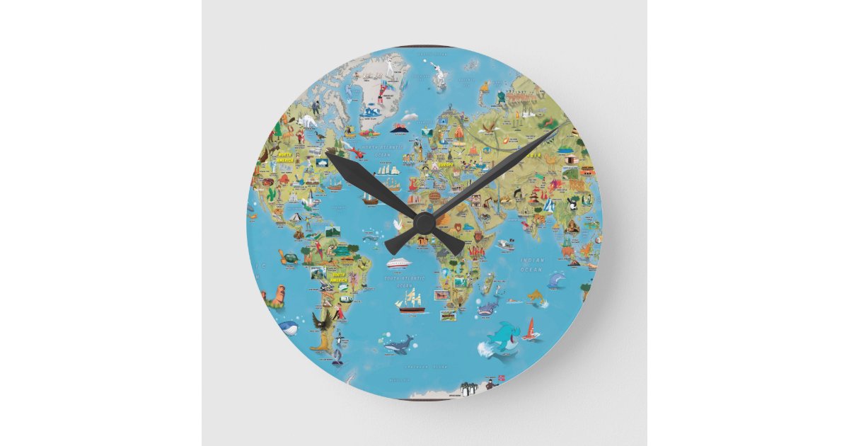 World Cartoon Map Round Clock | Zazzle