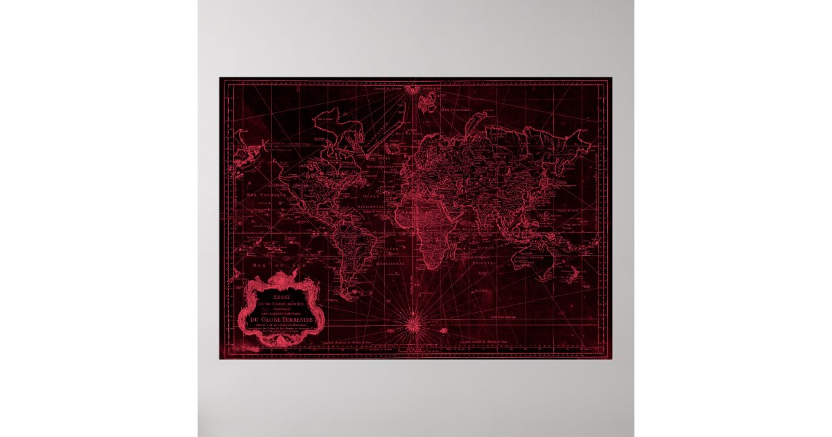World Map (1778) Black & Light Red Poster | Zazzle
