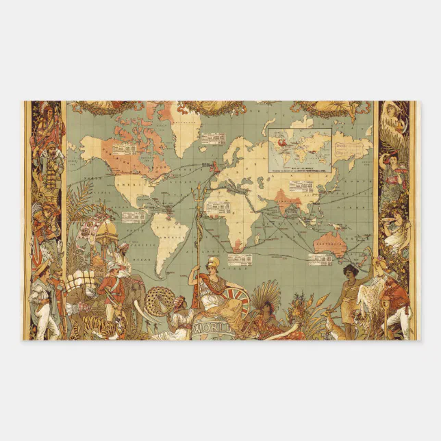 World Map Antique 1886 Illustrated Rectangular Sticker | Zazzle