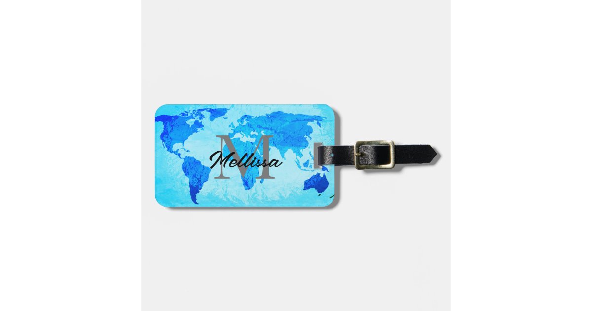 World Map Blue Artistic Monograms Name Gift 2023 Luggage Tag | Zazzle