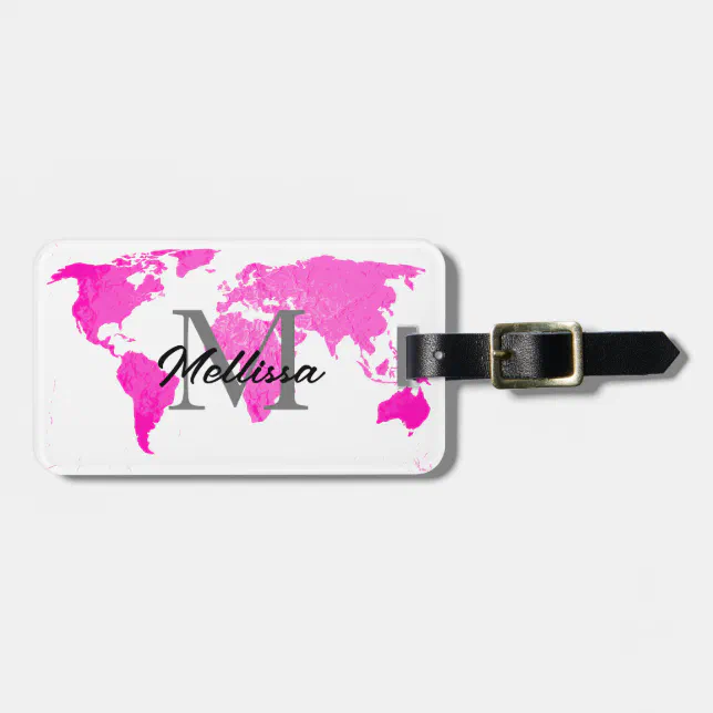 World Map Monograms Traveller Pink White Modern Luggage Tag | Zazzle