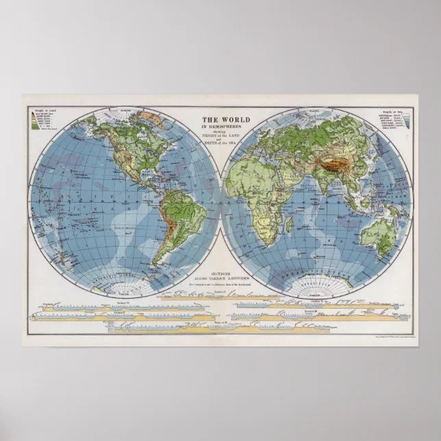 World Map showing Heights of Land depth of Sea Poster | Zazzle