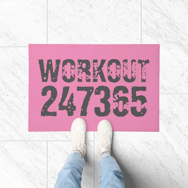 Worn out and scratched text Workout 247365 pink Doormat | Zazzle