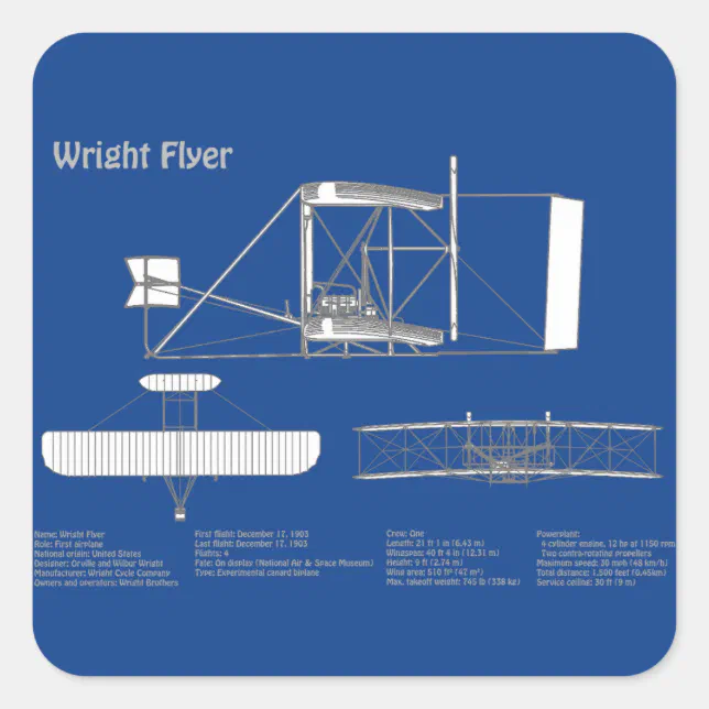 Wright Flyer- Aeroplane Blueprint Drawing Plans AB Square Sticker | Zazzle