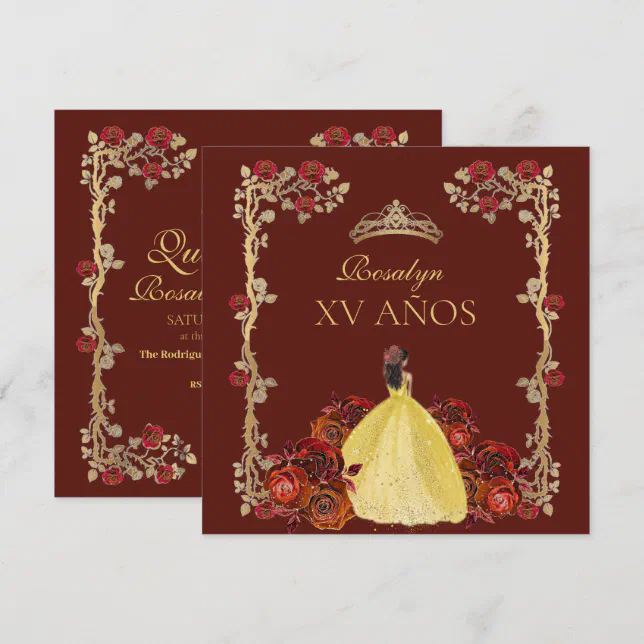xv AÑOS Gold and Burgundy Red Rose Quinceañera Invitation | Zazzle