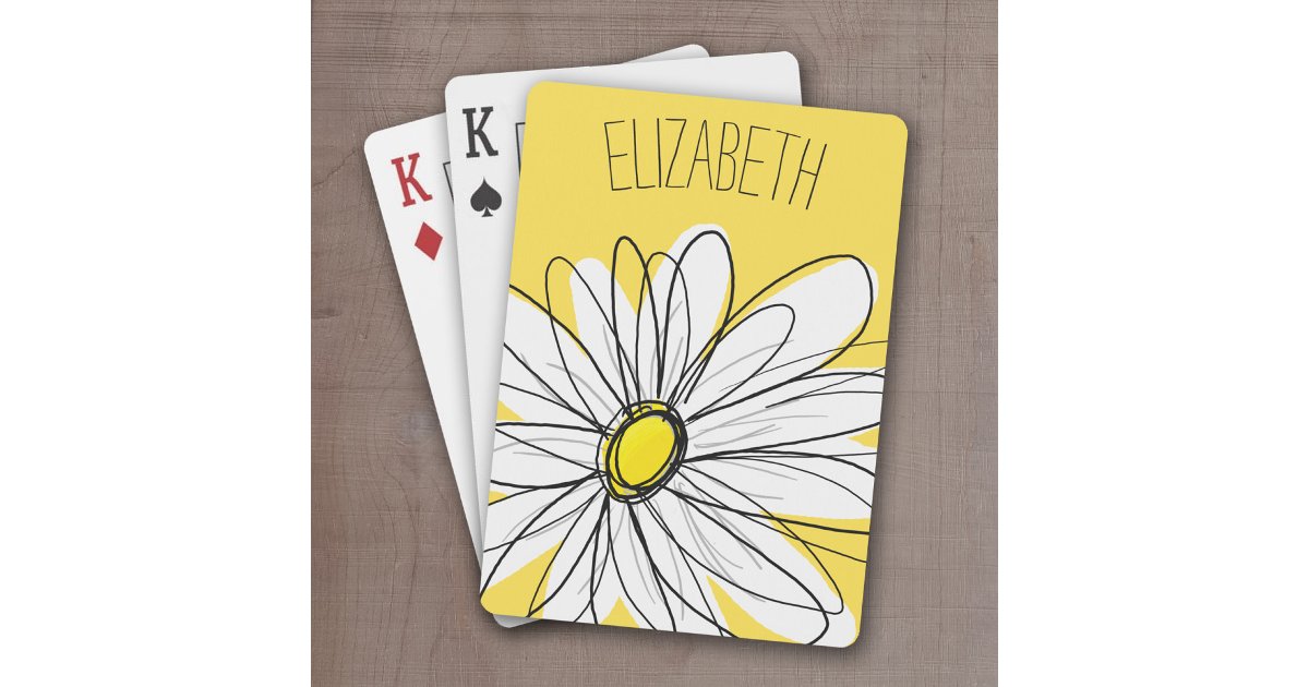 Yellow and White Whimsical Daisy with Custom Text Playing Cards | Zazzle