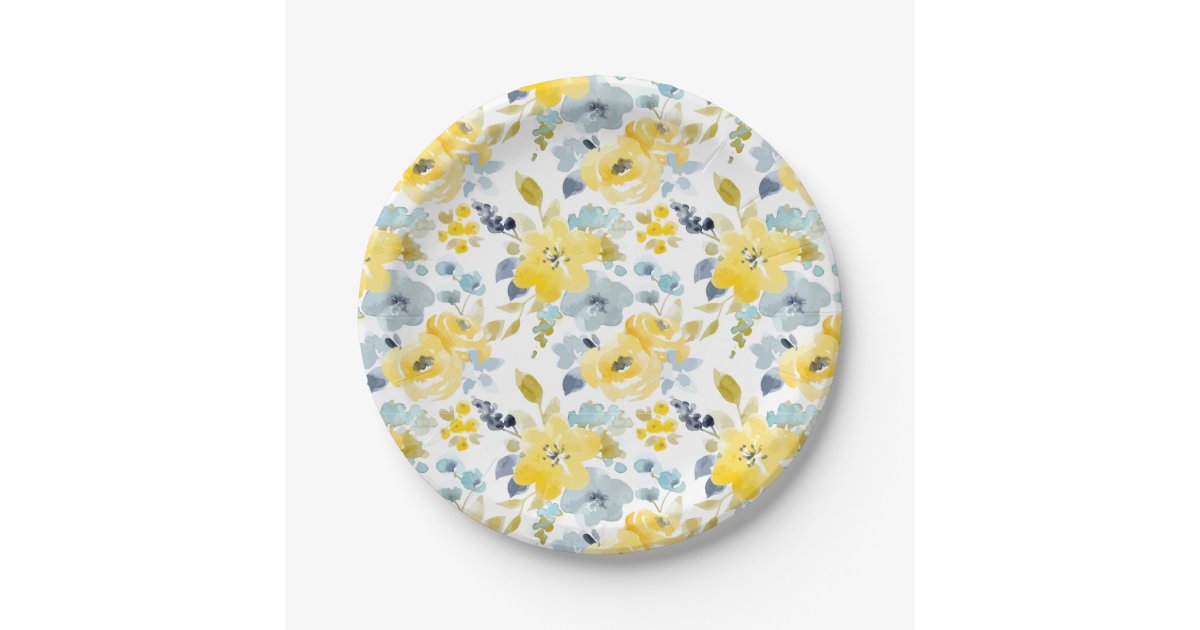 Yellow & Blue Watercolor Pattern Paper Plate | Zazzle