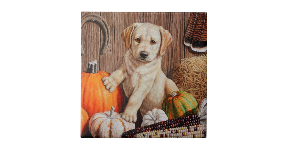 Yellow Labrador Retriever Puppy Dog Pumpkin Autumn Tile | Zazzle
