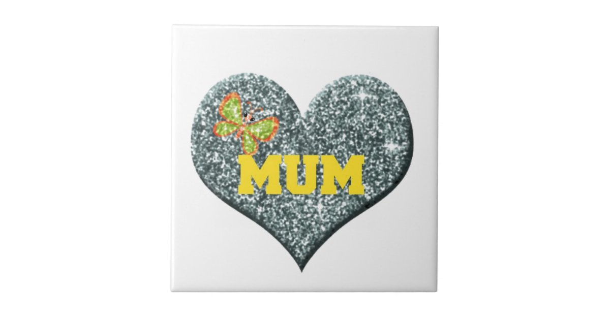 Yellow Mum Love Heart With Butterfly Tile | Zazzle