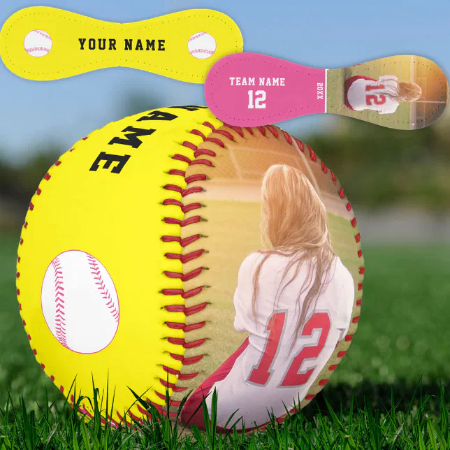 Yellow Pink Team Name Player Number Photo Softball | Zazzle