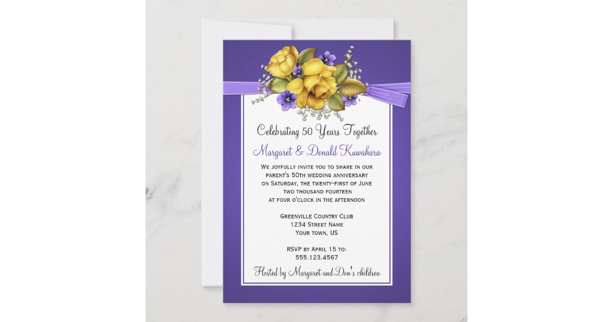 Yellow Roses Purple Violets 50th Anniversary Invitation | Zazzle