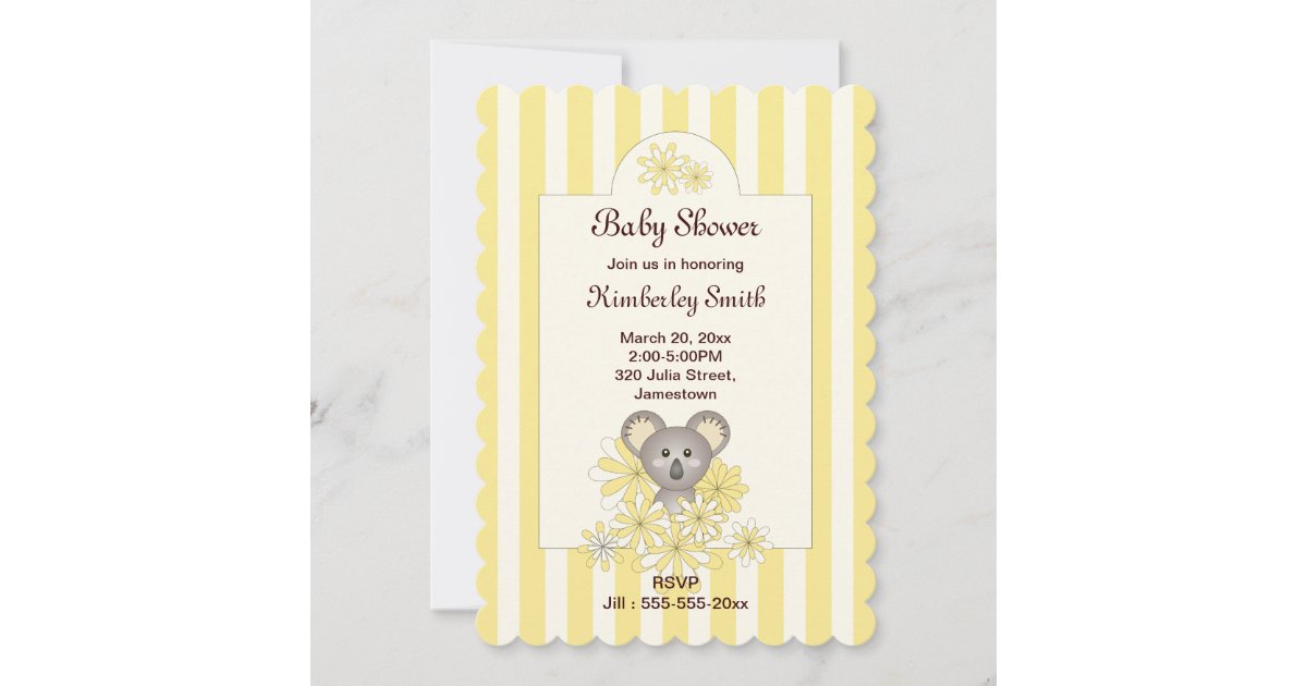 Yellow Stripe Koala Gender Neutral Baby Shower Invitation | Zazzle