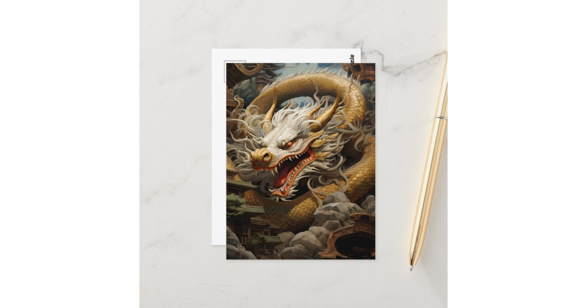 Yellow & White Eastern Dragon Illustration Postcard | Zazzle