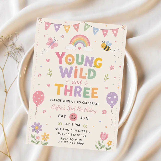 Young Wild and Three Birthday Invitation | Zazzle