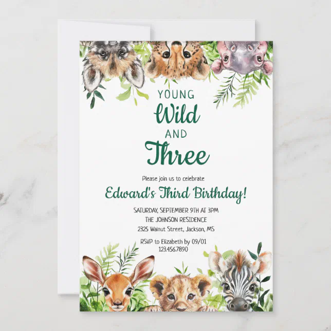Young Wild And Three Cute Safari Animals Birthday Invitation | Zazzle