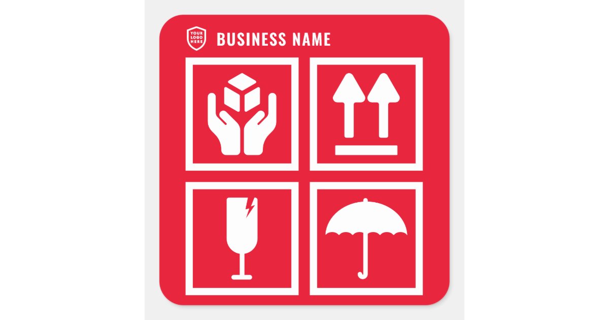 Your Logo Business | Package Handling Symbol Red Square Sticker | Zazzle