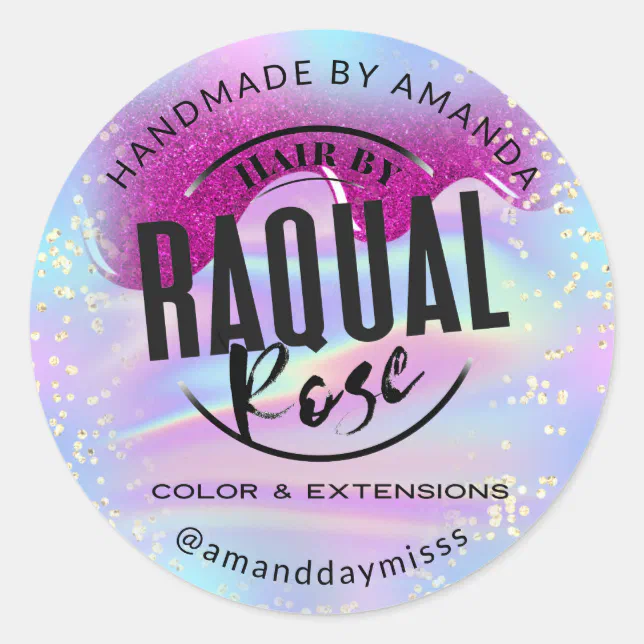 Your Logo Small Business Holographic Pink Drips Classic Round Sticker ...
