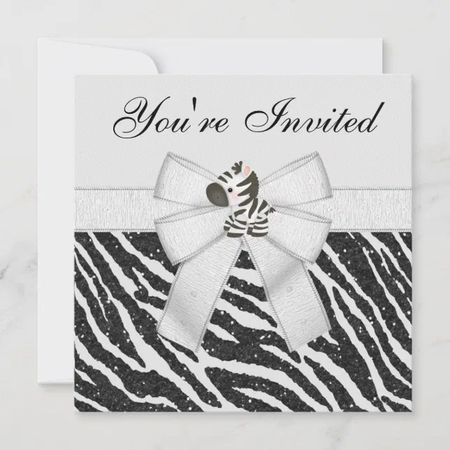 Zebra & Animal Print Black & White Glitter Party Invitation | Zazzle