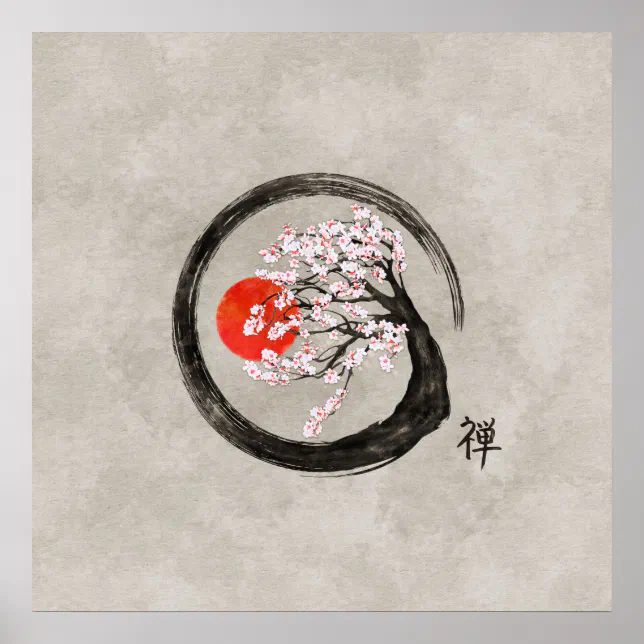 Zen Enso Circle and Sakura Tree on Canvas Poster | Zazzle