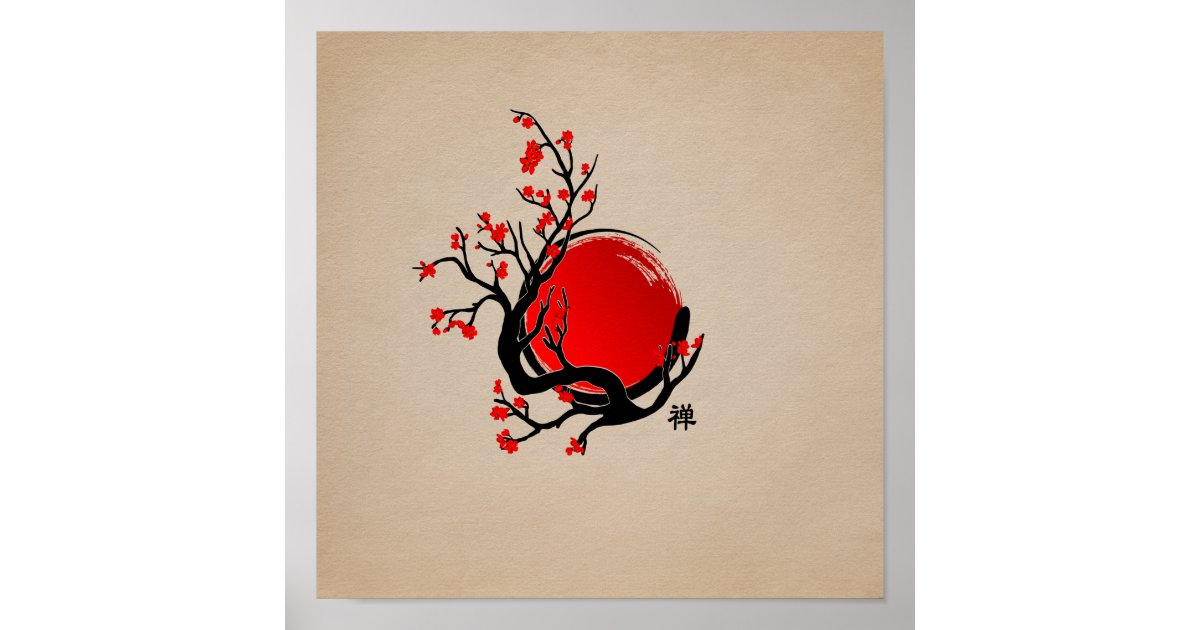 Zen Enso Circle, Sun and Red Sakura Blossom Poster | Zazzle