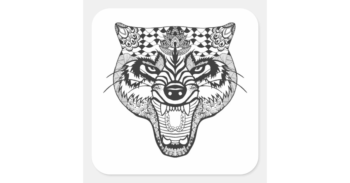 Zentangle Inspired Wolf Square Sticker | Zazzle