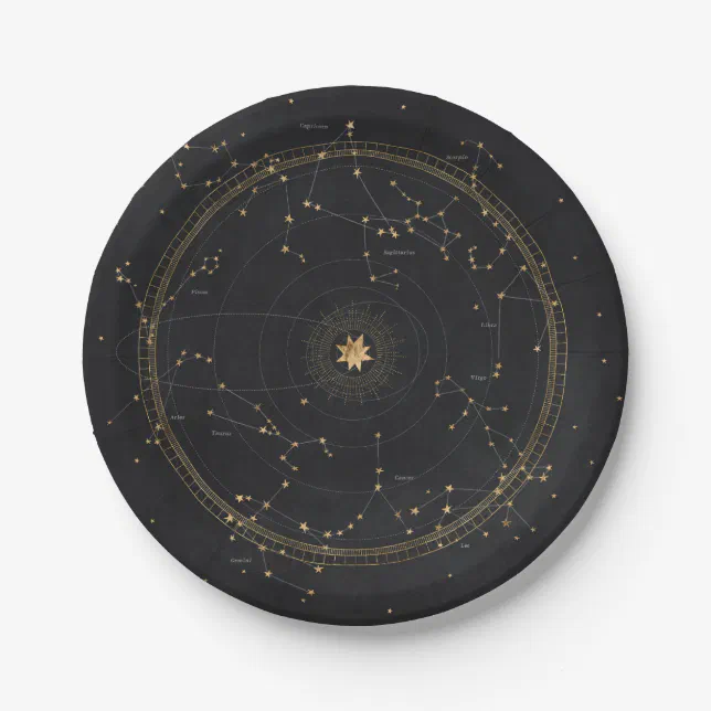 Zodiac astrology star map black gold paper plate | Zazzle