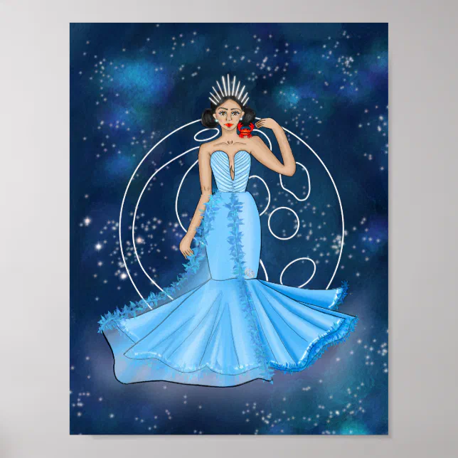 Zodiac Cancer Goddess with Moon Illustration Poster | Zazzle
