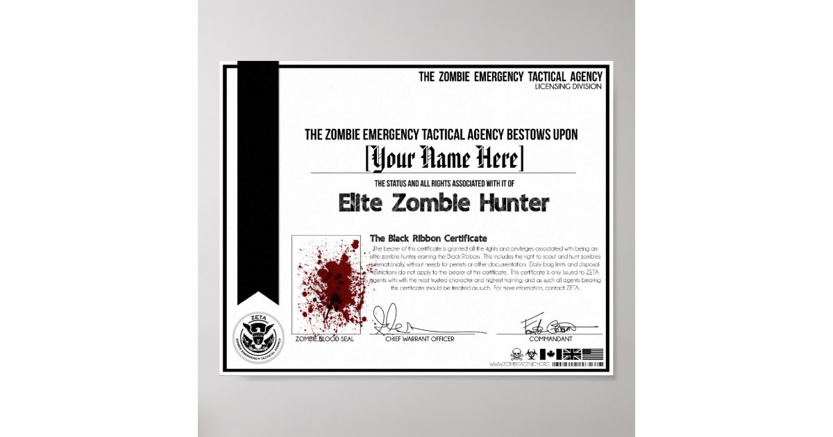 Zombie Hunter Certificate - ZETA! Poster | Zazzle
