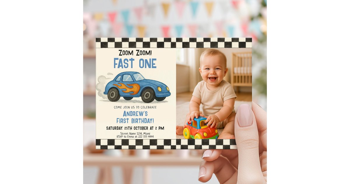 Zoom Zoom Fast One Birthday Invitation | Zazzle
